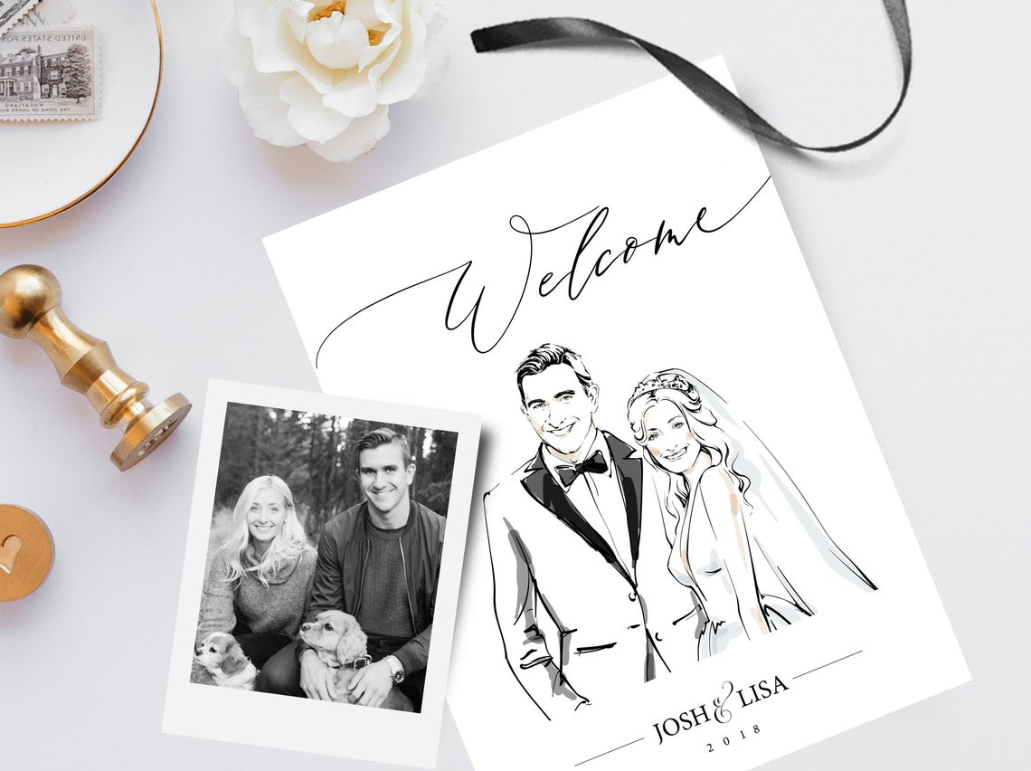 Welcome Signage Printable PDF | Custom Couple Portrait Illustration ...