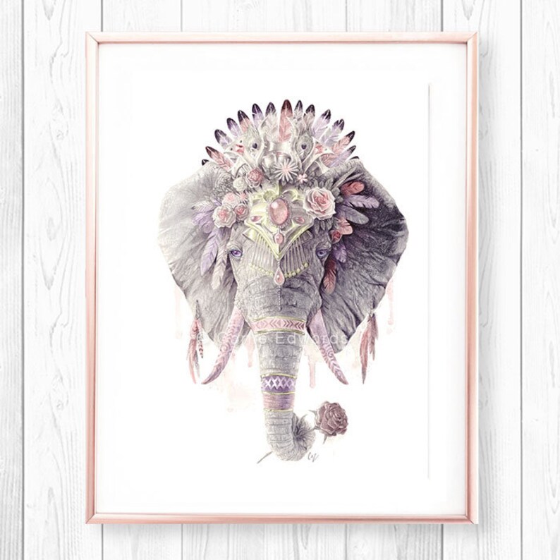 Dusty Pink Elephant Print Watercolour Bohemian Print Dusty | Etsy