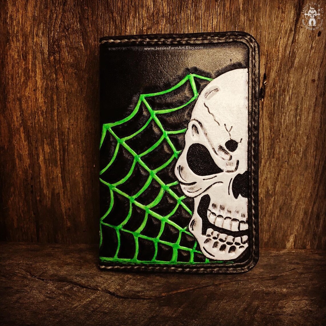 Hand Tooled Skull / Spiderweb/ Skeleton Hand Leather Field Notes Cover ...