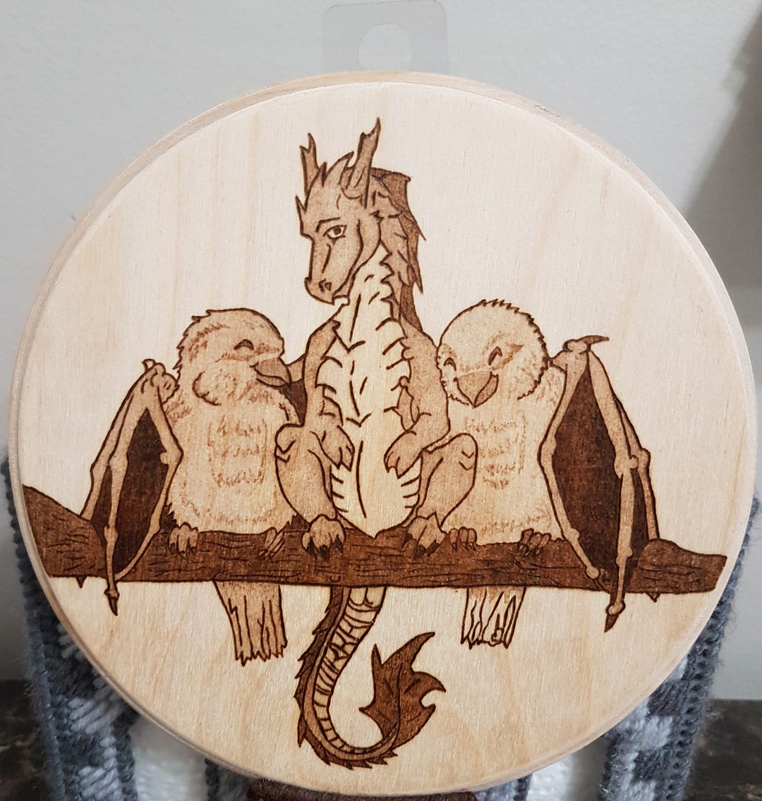 Dragon Cuddling Birds - Woodburning - Free Shipping CA and US - Etsy