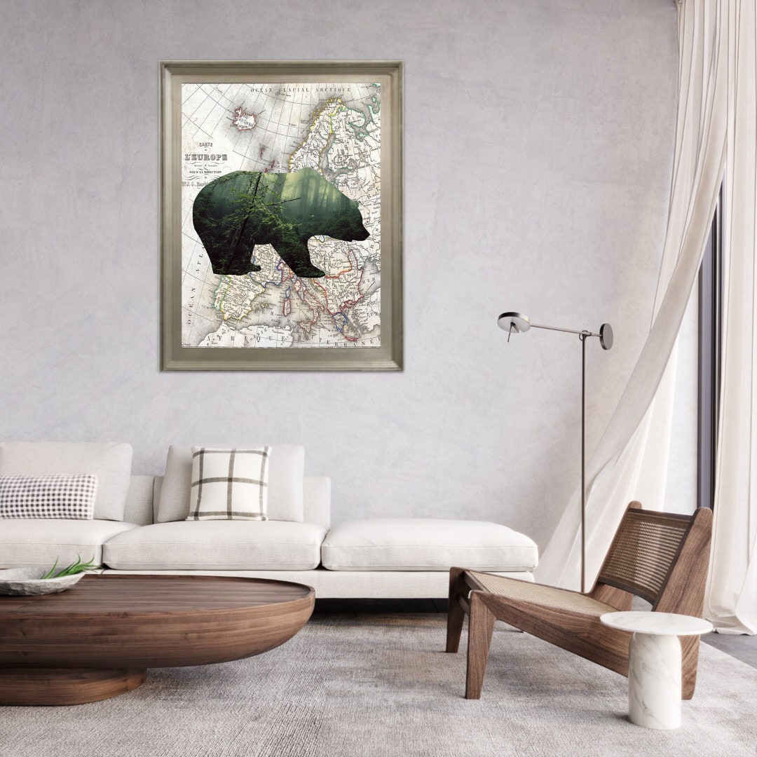 Bear Artwork With Map of Europe. Digital Products. Animal World Map ...