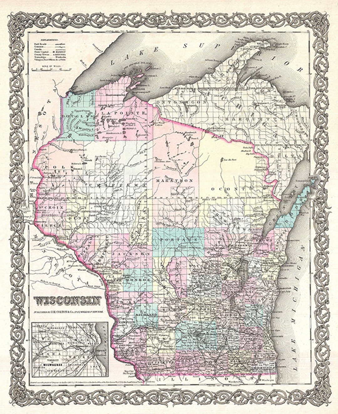 Wisconsin Map (1855), Scanned Version of Old Original Map of the ...