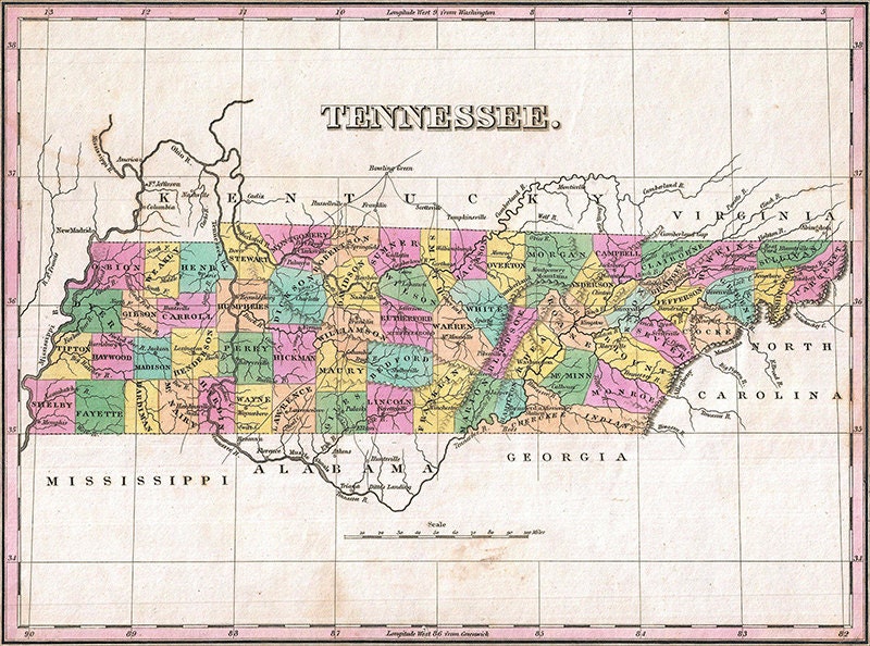 Tennessee Map 1827, Scanned Version of Old Original Map of the ...