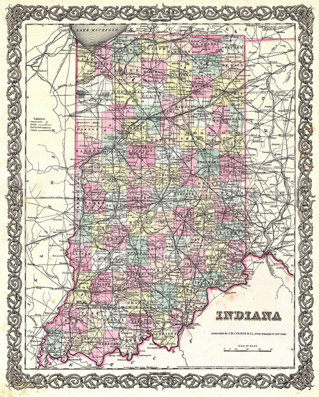 Indiana Map 1855, Scanned Version of an Old Original Map of the Indiana ...
