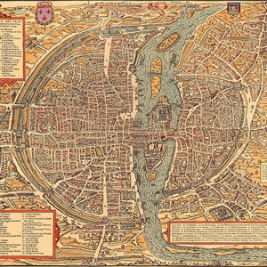 Paris Map (16th Century), Scanned Version of an Old Original Colored ...