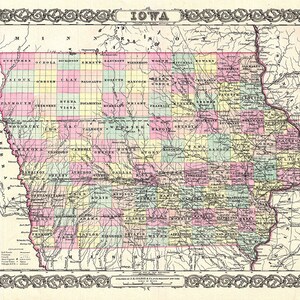Iowa Map 1855, Scanned Version of an Old Original Map of the Iowa State ...