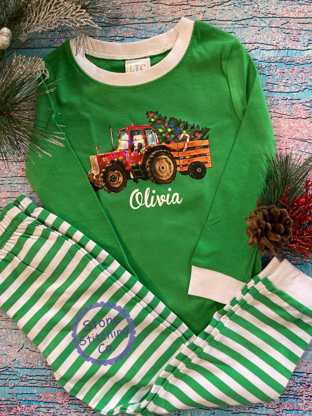 Personalized Christmas Tractor Pajamas, Christmas Pjs, Tractor Pajamas ...