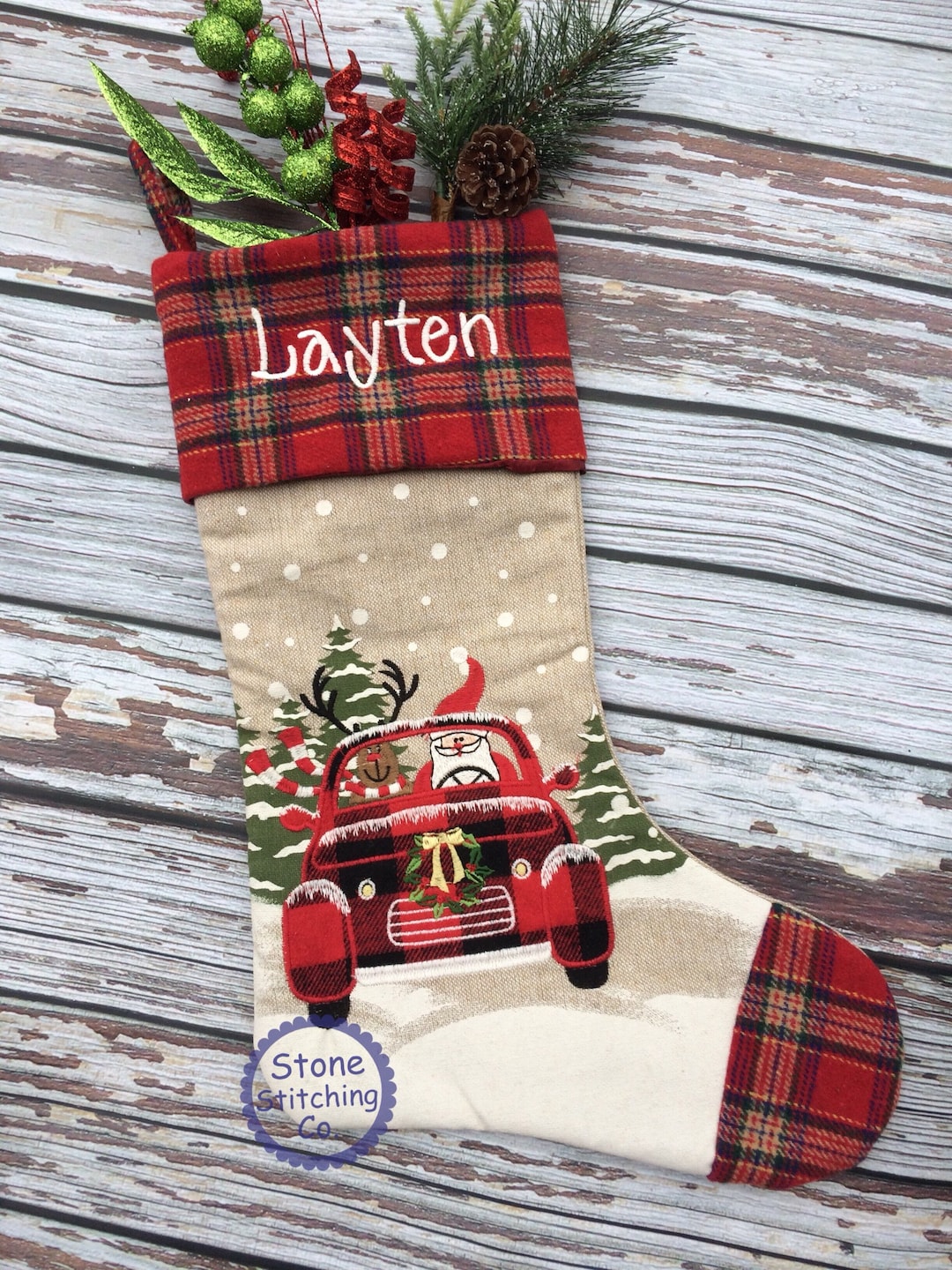 Rustic Truck Stocking, Personalized Christmas Stocking, Plaid Christmas ...