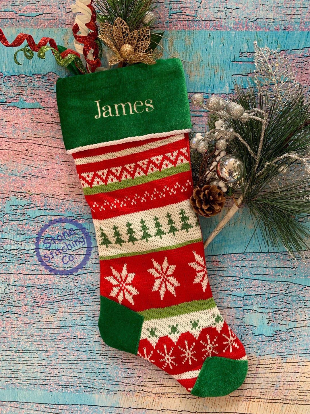 Reindeer Christmas Stocking, Embroidered Stocking, Matching Stocking ...