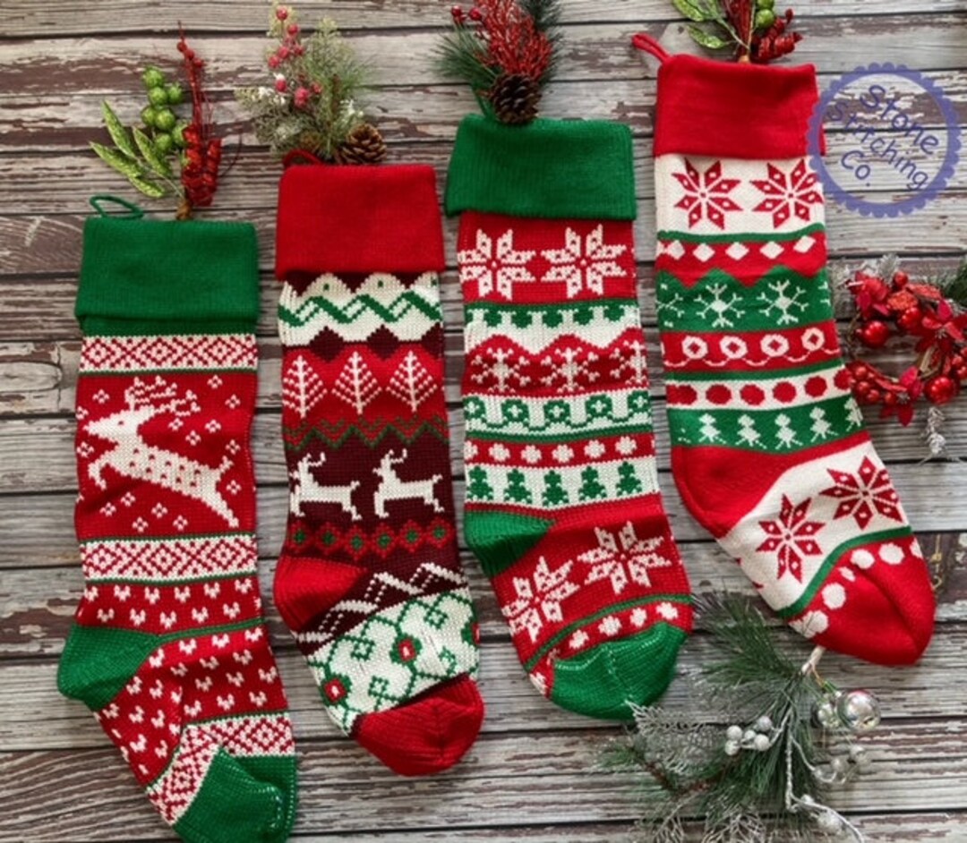 Knit Reindeer Stocking, Embroidered Knit Stockings, Red Knit Stockings ...