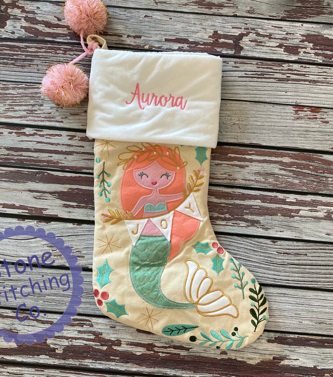 Mermaid Personalized Stocking, Embroidered Stocking, First Christmas ...