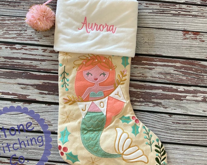 Mermaid Personalized Stocking, Embroidered Stocking, First Christmas ...