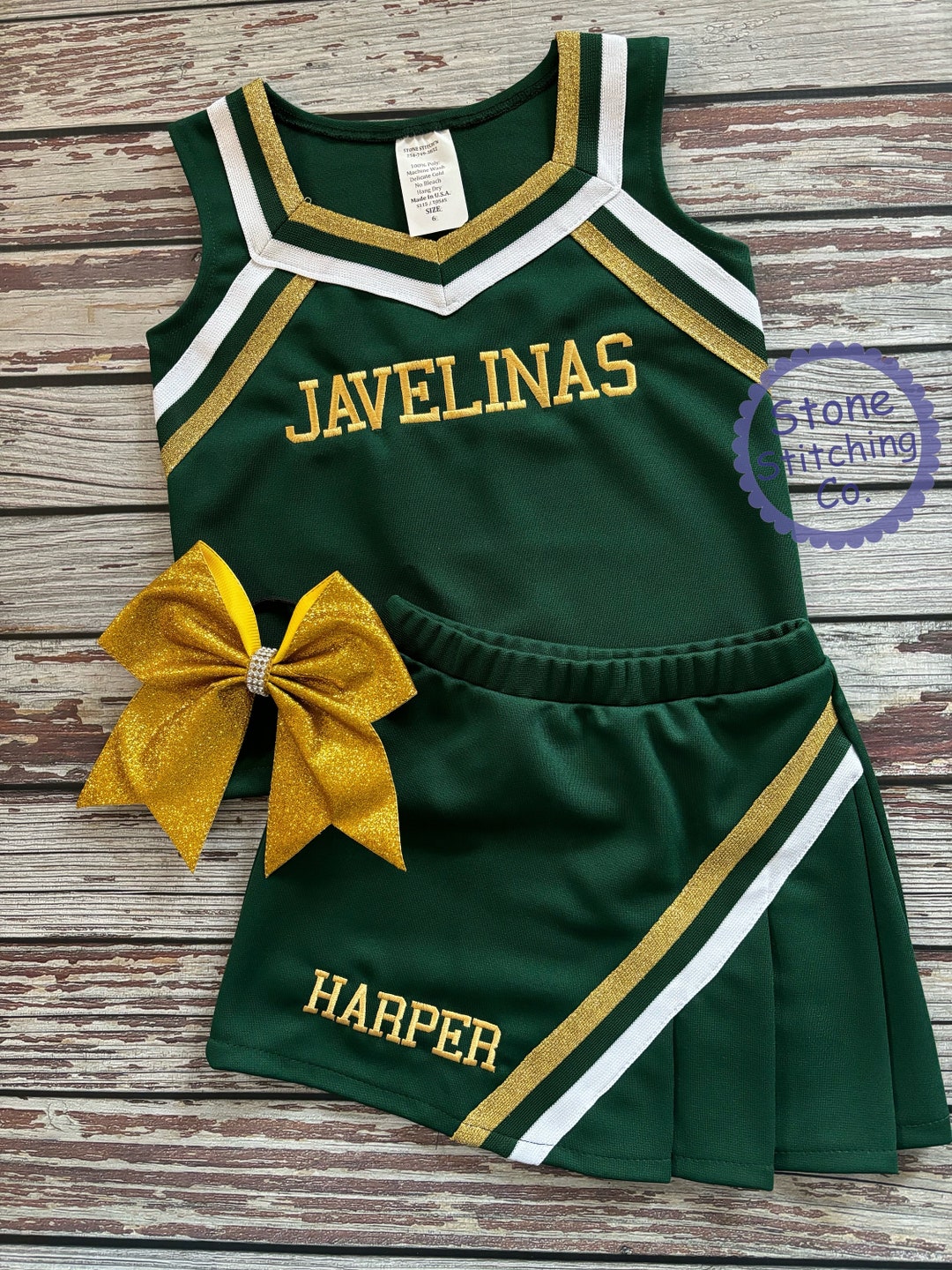 Green & Gold Cheer Uniform, Customized Cheerleading Uniform, Girls ...