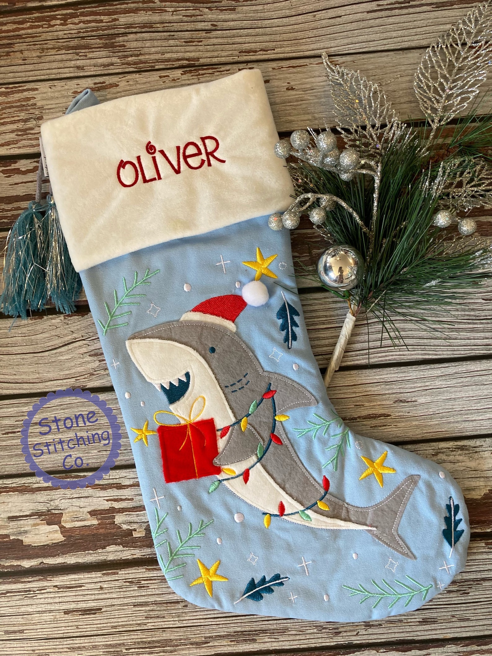 Shark Stocking, Boy Christmas Stocking, Blue Christmas Stocking, Baby's ...