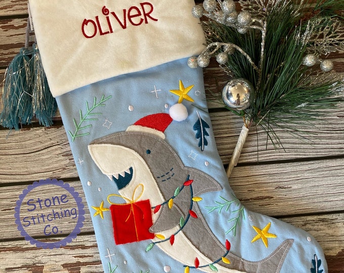 Shark Stocking, Boy Christmas Stocking, Blue Christmas Stocking, Baby's ...