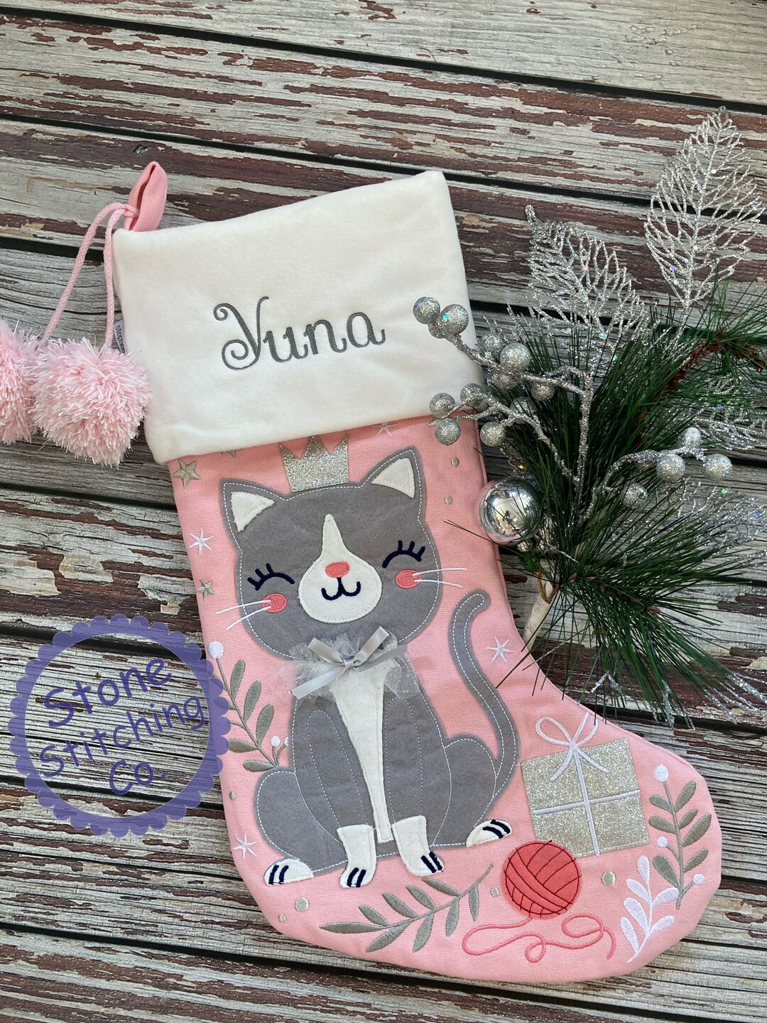 Personalized Cat Stocking, Cat Christmas Stocking, Pet Stocking, Pink ...