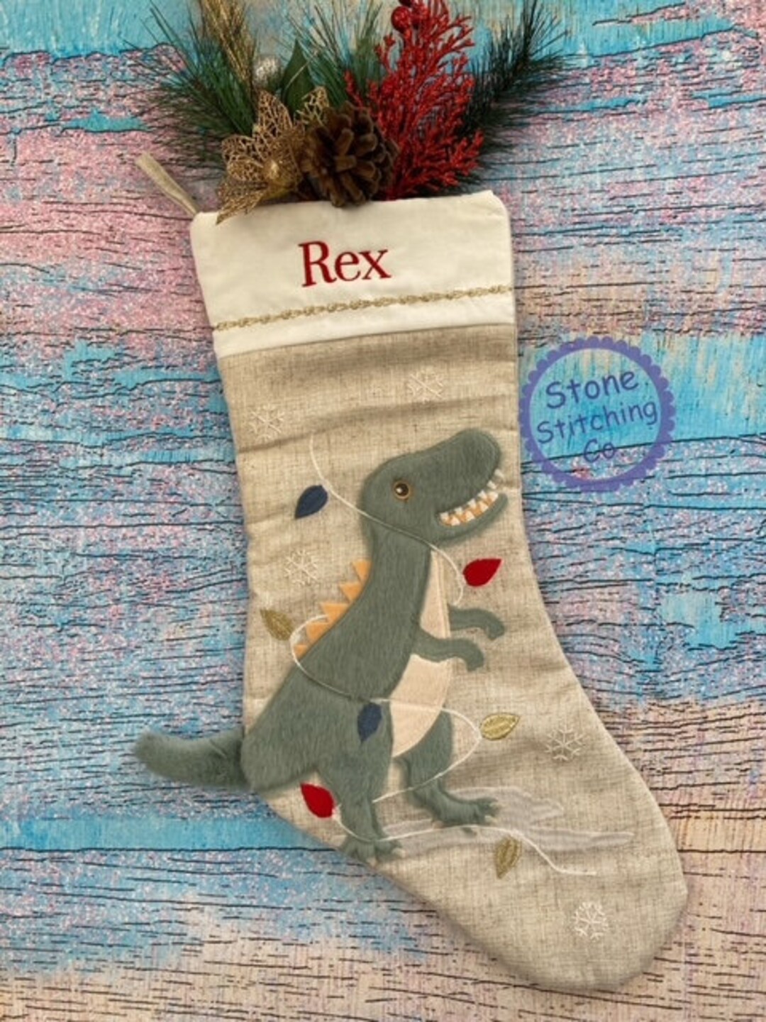 Dinosaur Stocking, Dino Christmas Stocking, Green Christmas Stocking ...