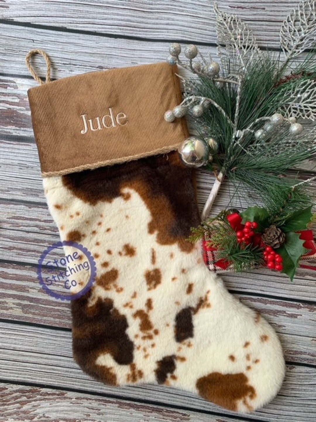 Cow Print Christmas Stocking, Country Christmas Stocking, Rustic ...