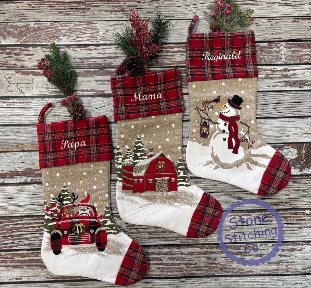 Rustic Stocking, Plaid Christmas Stocking, Vintage Truck Stocking, Farm ...