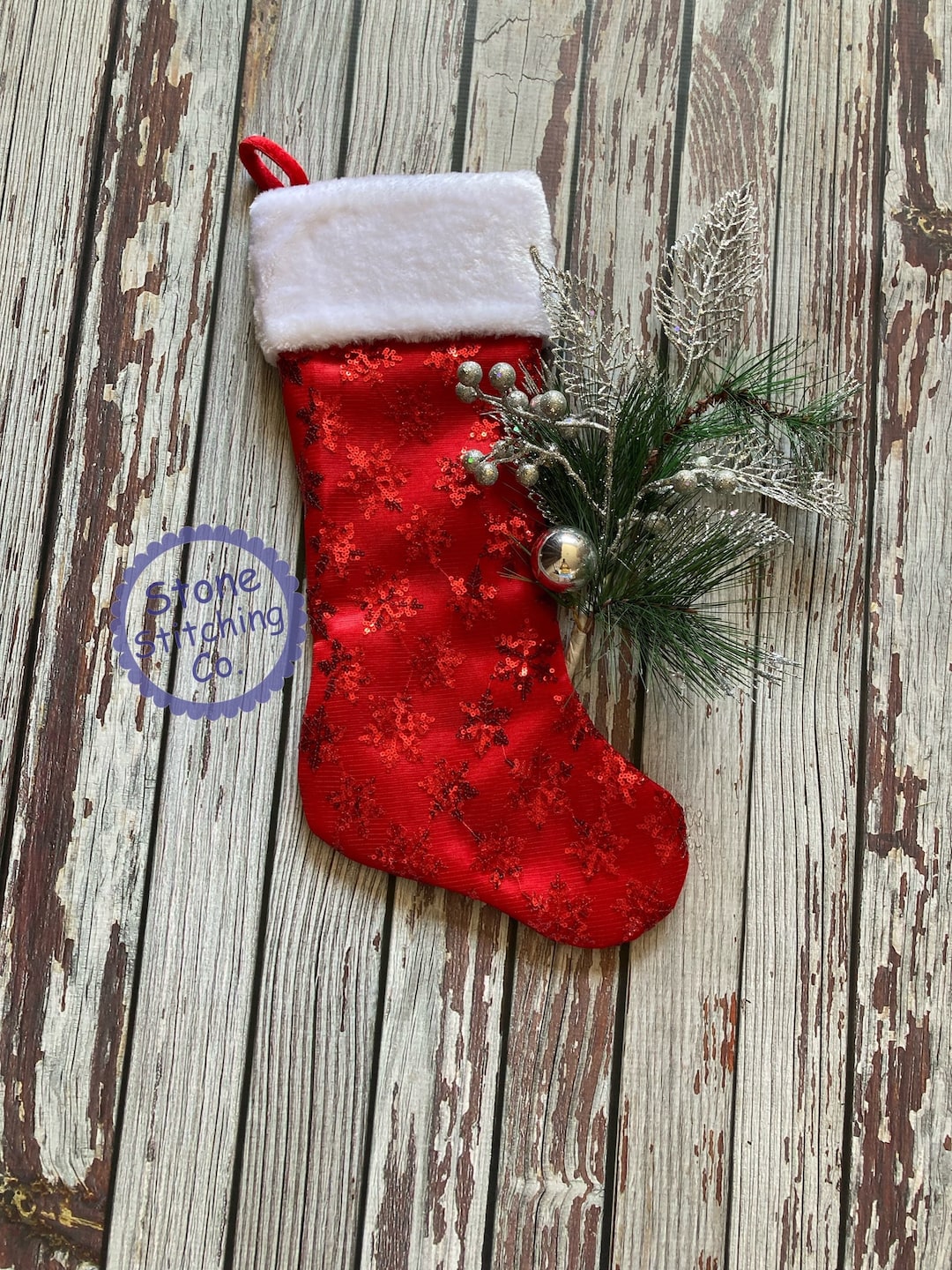 Red Sequin Christmas Stocking, Embroidered Stocking, Red Sequin ...