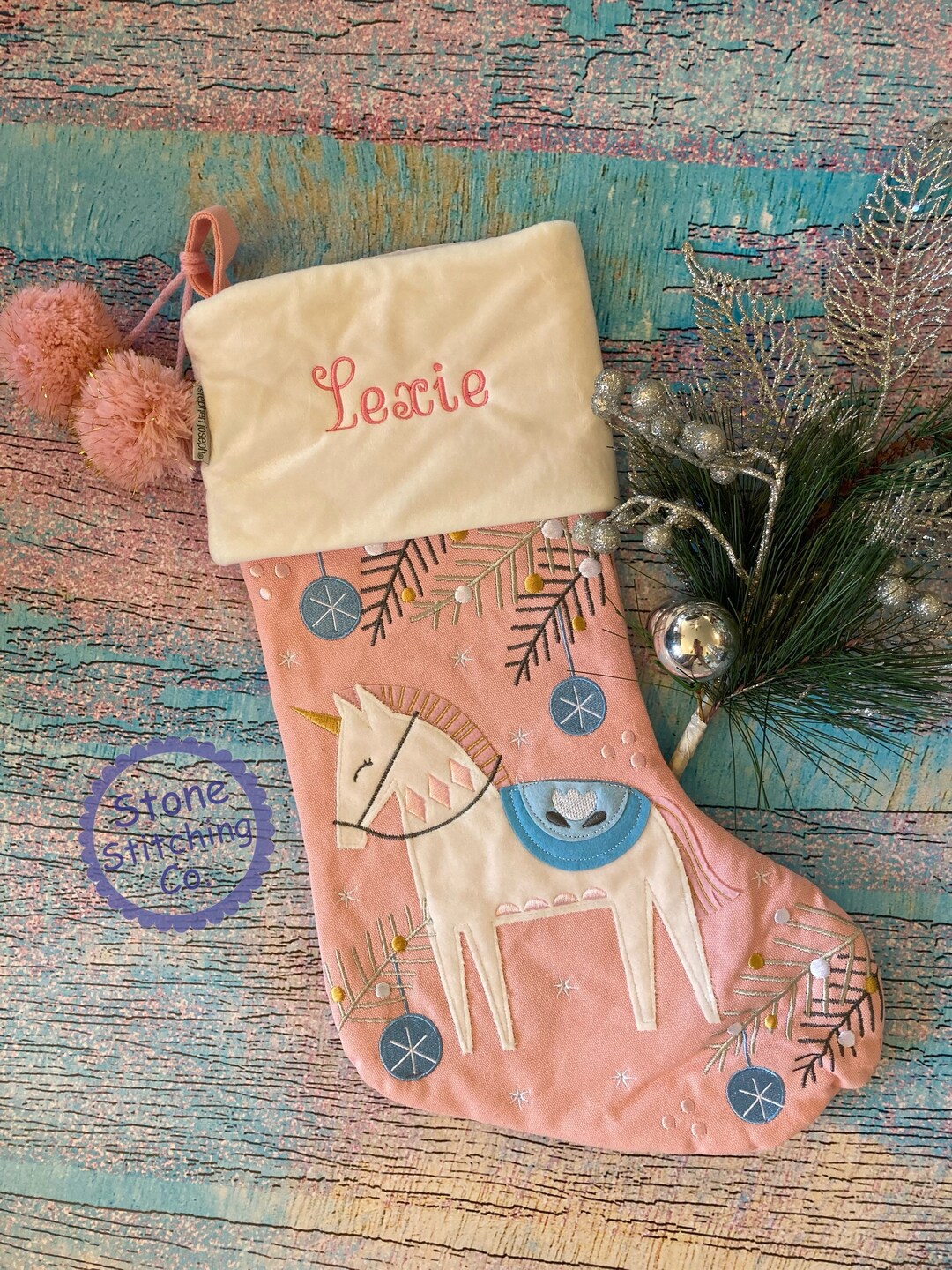 Unicorn Personalized Stocking, Embroidered Stocking, First Christmas ...