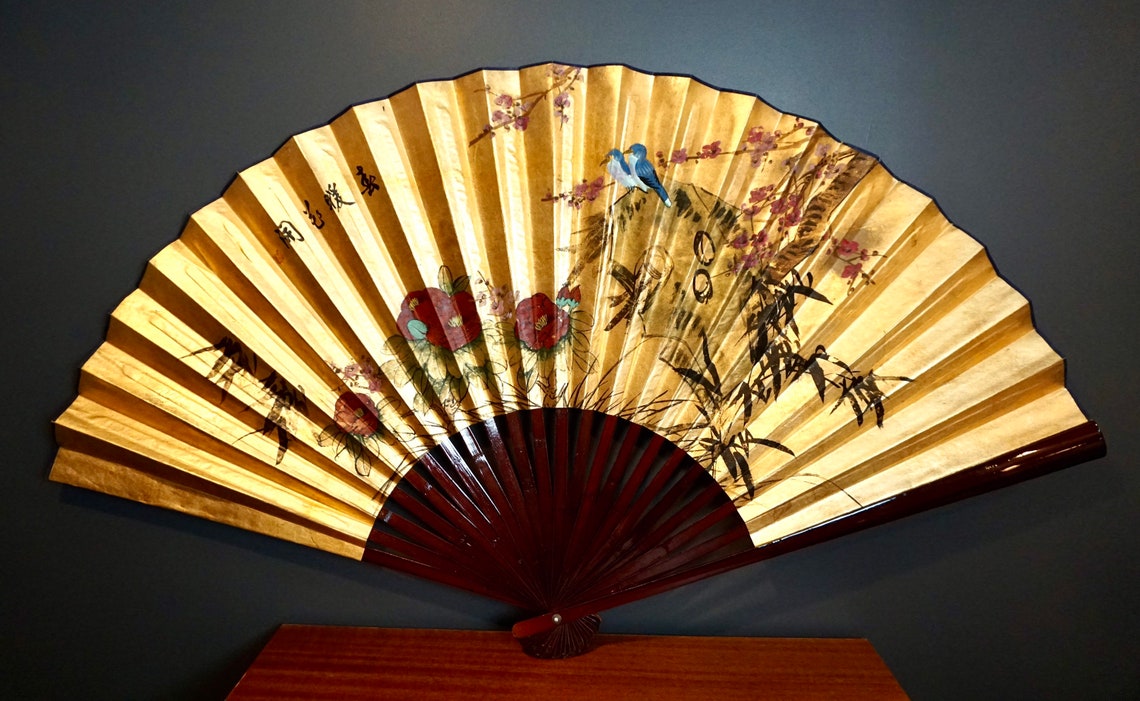 Large Chinese Fan on gold foil with hand painted blue birds | Etsy