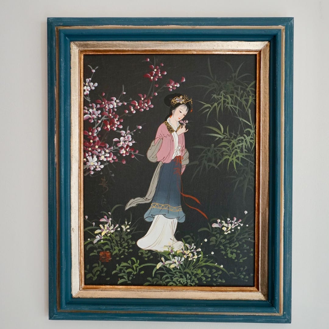 Japanese Geisha Girl Hand Painted on Black and Framed in Peacock Blue ...