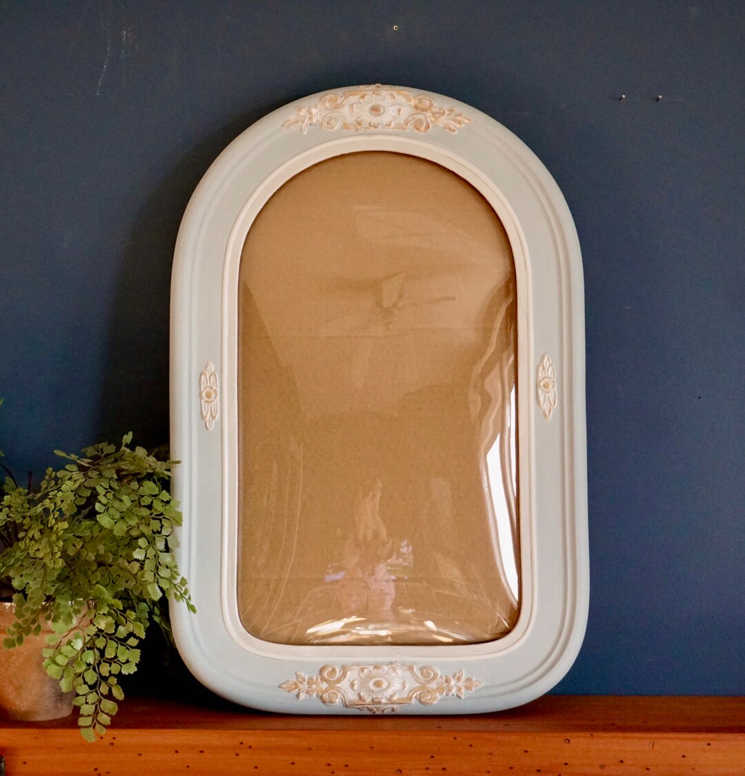 Antique Bubble Glass in Arch Top Wooden Frame Painted in Soft Blues and ...