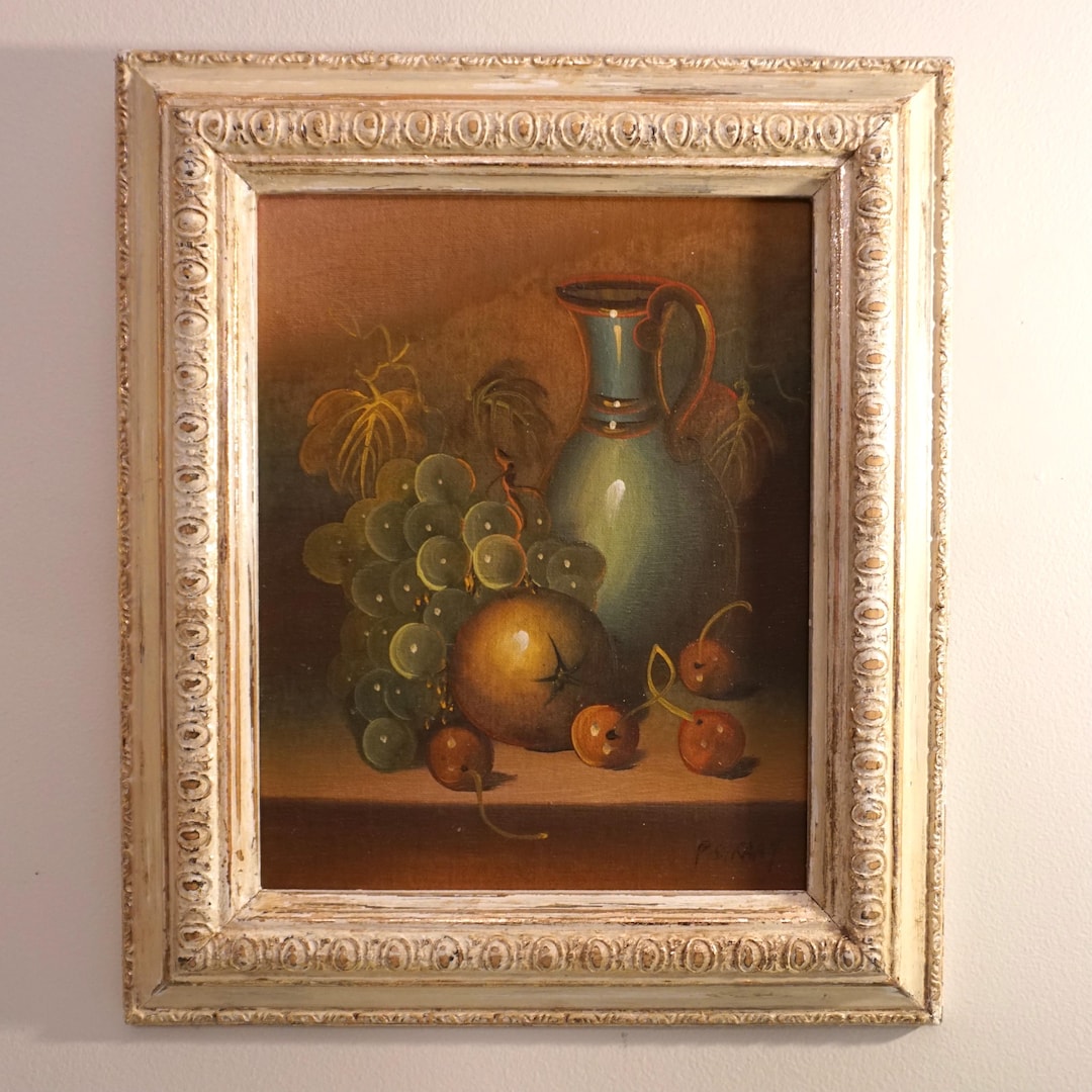 Vintage Oil Painting of Still Life, Fruit and Jug of Wine Painting in ...