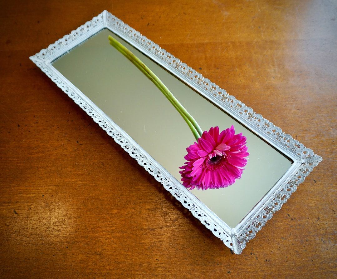 Vintage Vanity Mirror, Long and Narrow Metal Frame Painted Pale Pink to ...