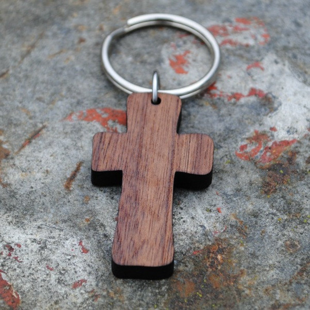 Walnut Wooden Cross Keychain Christian Gift - Etsy