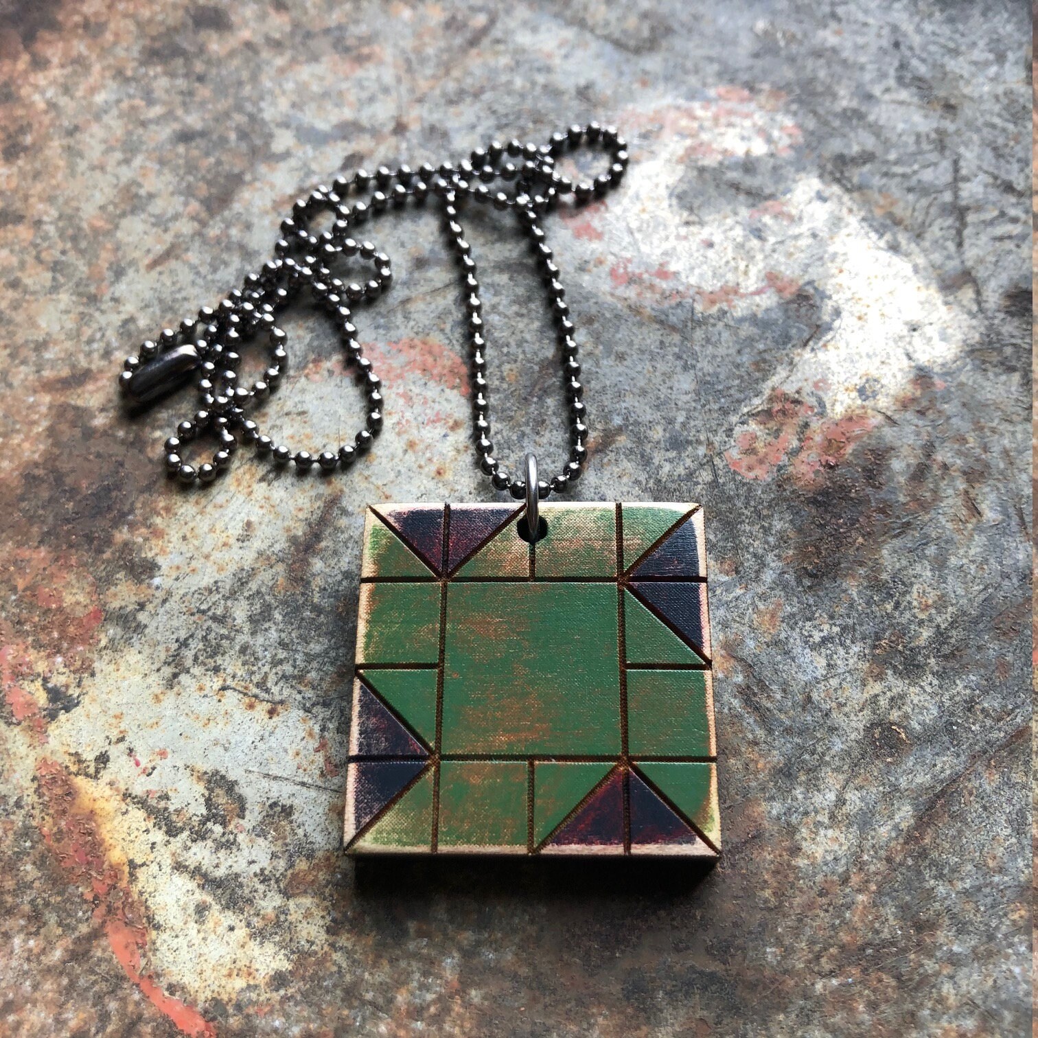 Whirlwind Quilt Block Pendant Necklace Blue and Green Mosaic | Etsy