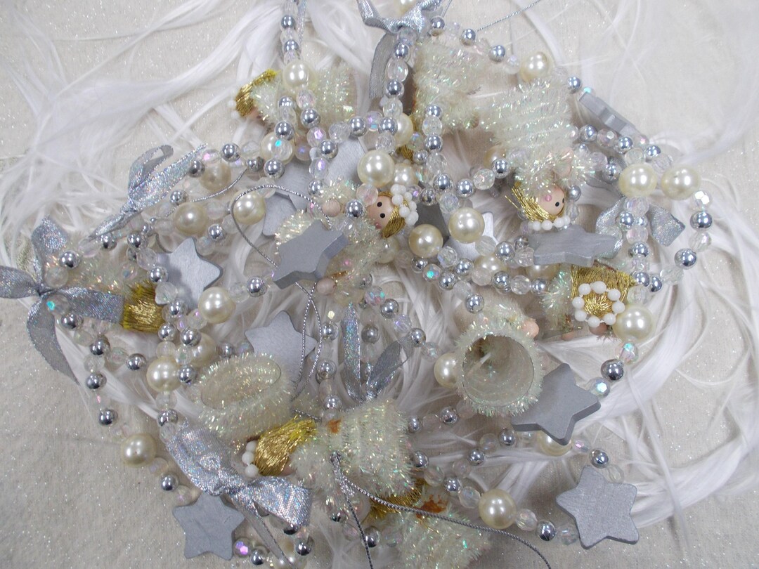 Vintage Beaded Christmas Garland With Tinsel Angels Stars & Silver Bows ...