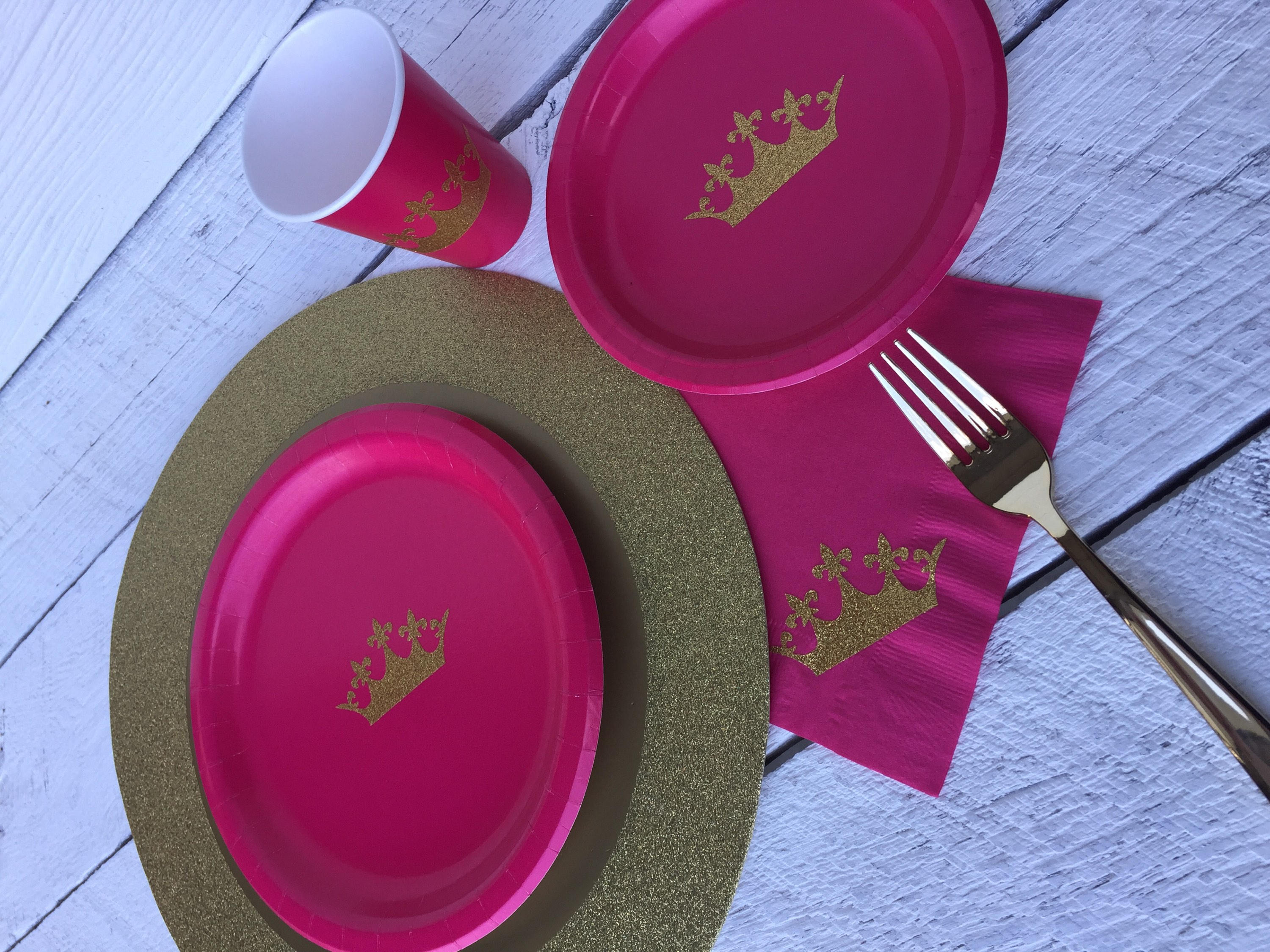 Princess Crown Hot Pink and Gold Glitter Party Cups Plates - Etsy