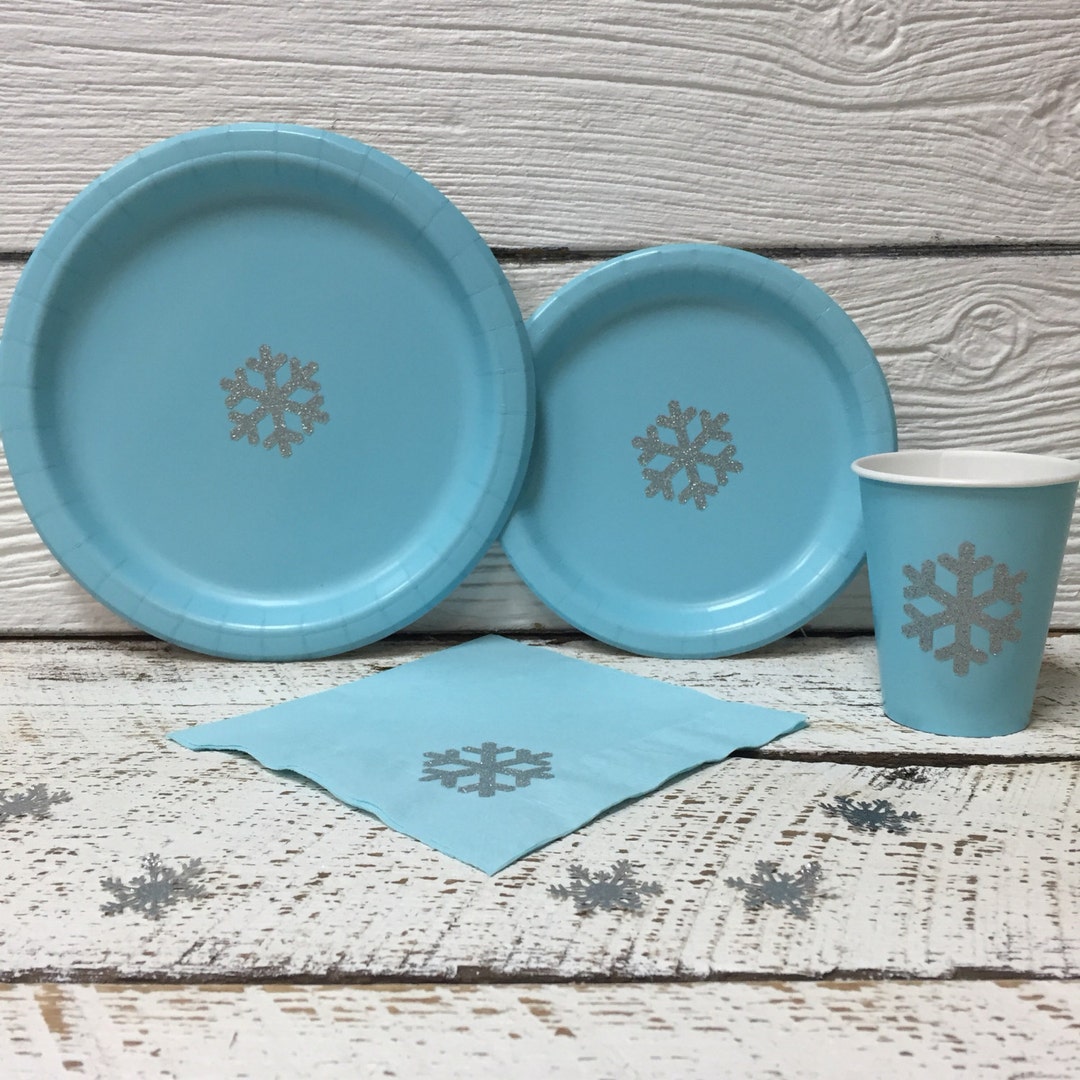 Blue or Pink and Silver Snowflake Cups, Plates, and Napkins, Winter ...