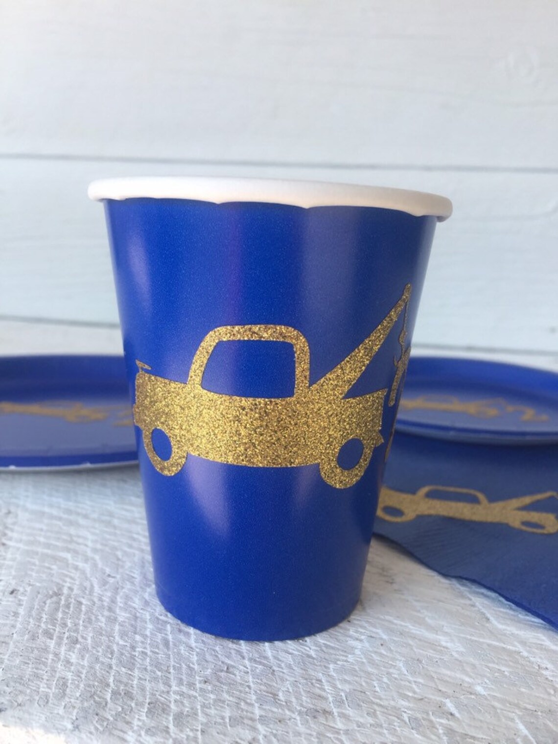 Second Birthday Tow Truck Royal Blue and Gold Cups Plates | Etsy