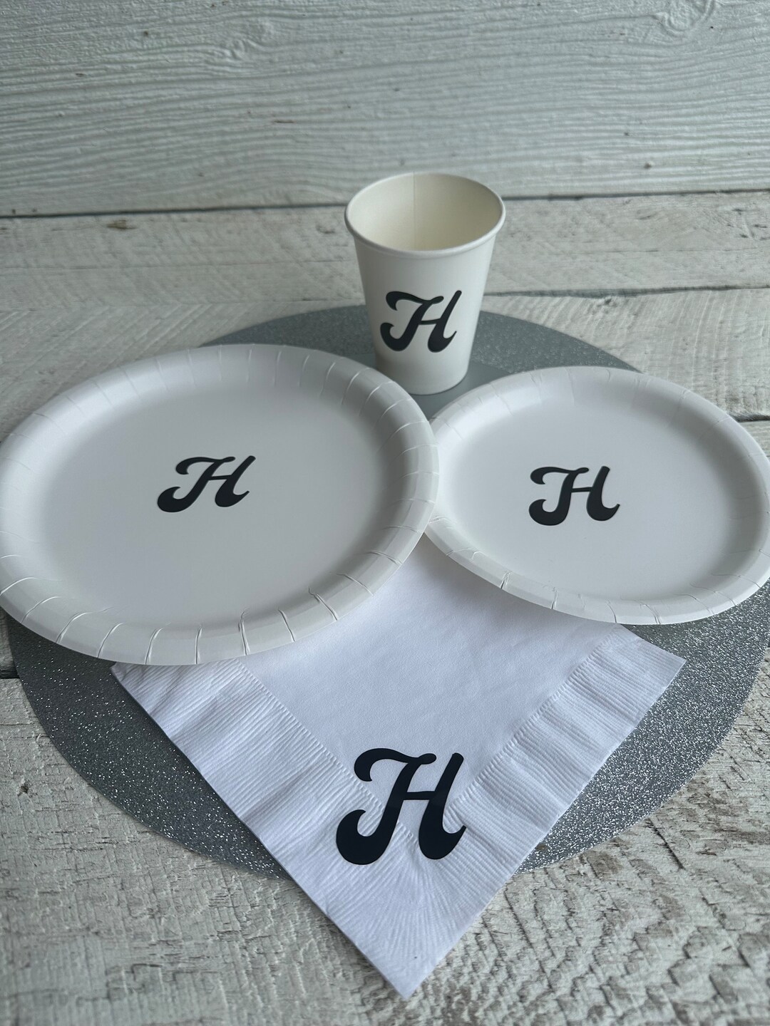 White & Gold Monogrammed Plates, White and Black Personalized Initial ...