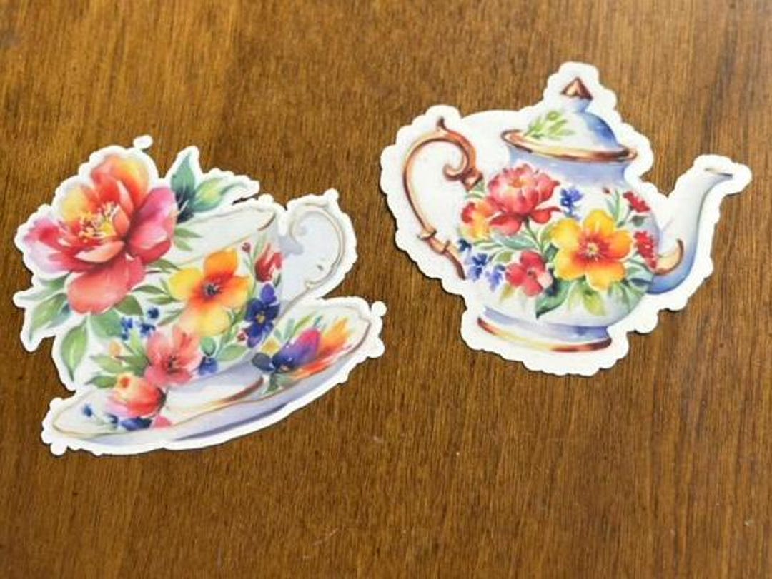 Watercolor Teacup With Flower Sticker| Teacup Sticker| Kettle Sticker ...