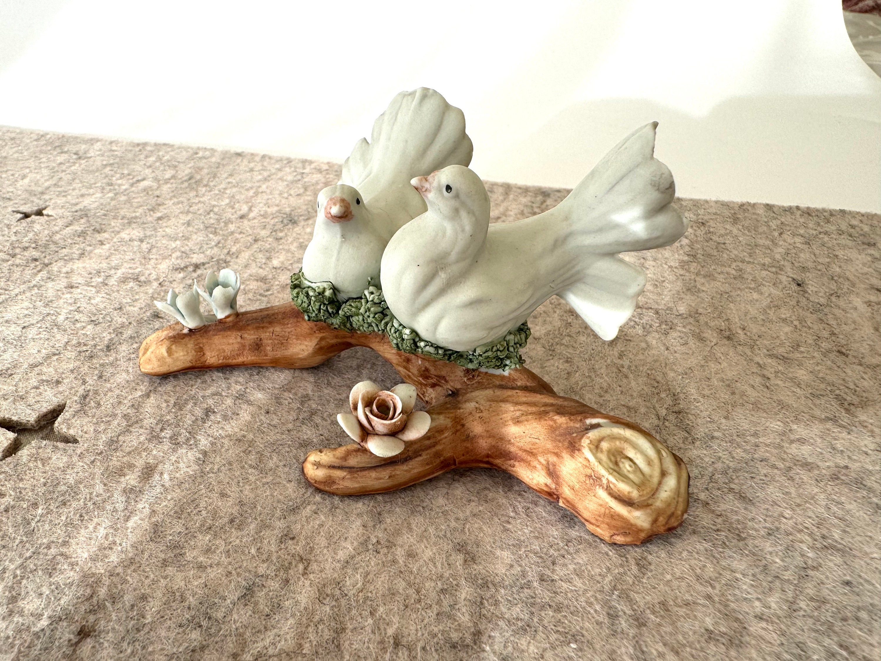 SET OF 2 FIGURINES of Ceramic Doves, Easter Doves on Branch, Pair of ...