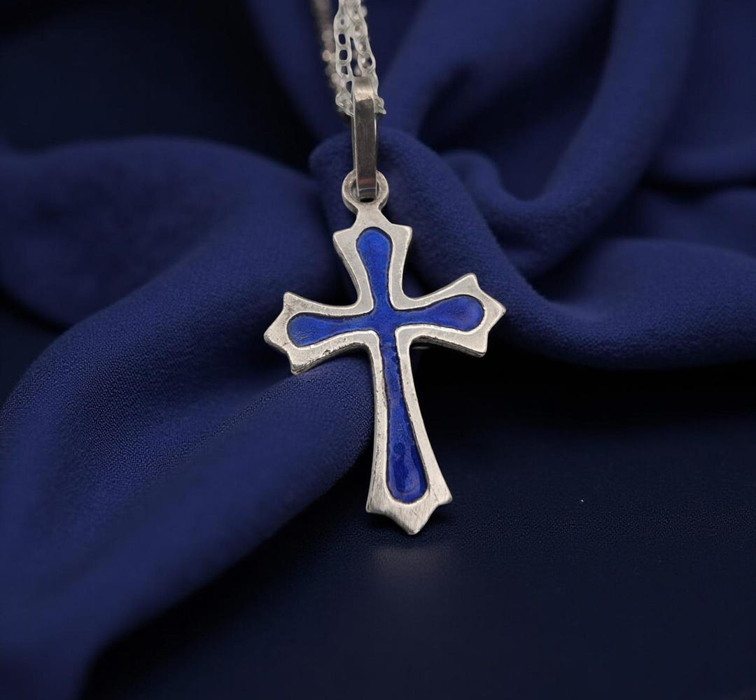 Vintage Silver Blue Enamel Cross | Mid 20th Century Cross Pendant on ...