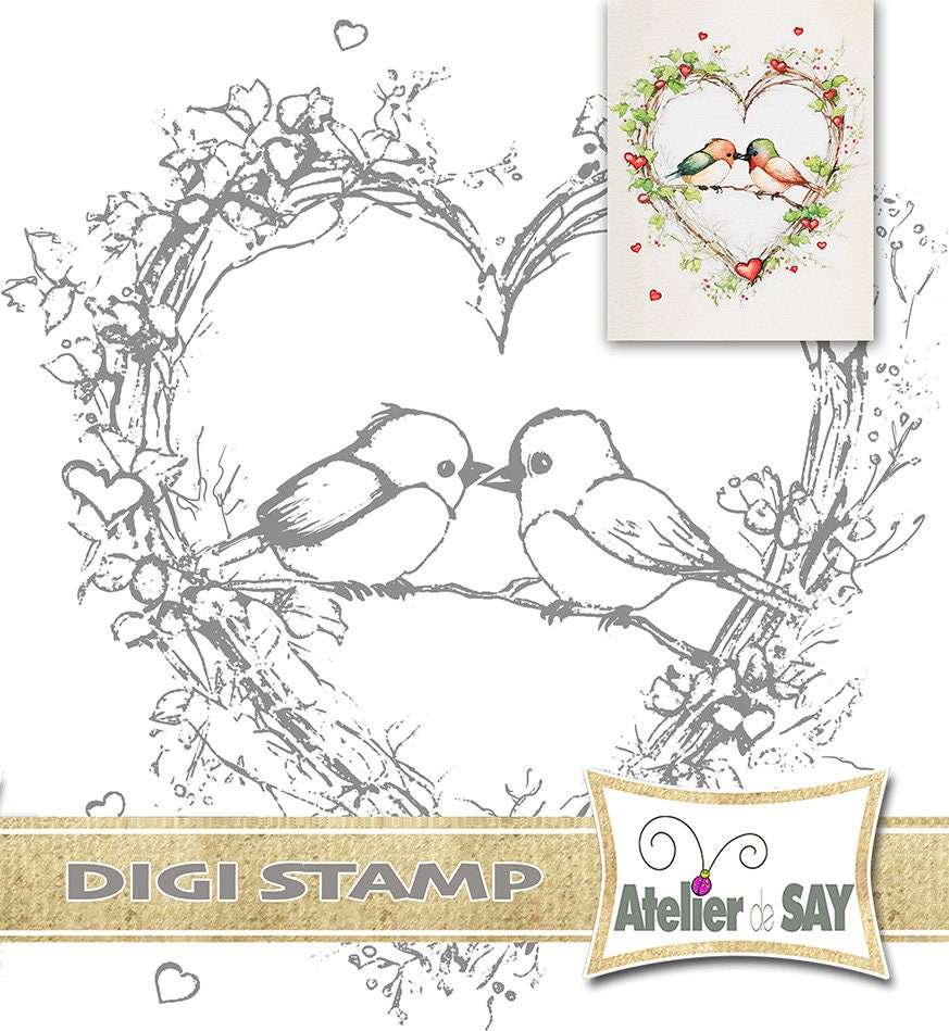 Floral Border Digi Stamp , Heart Frame With Love Birds Clip Art , Cute ...