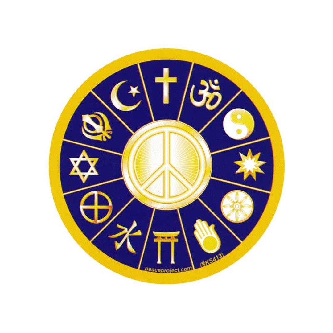 Interfaith Peace Sign With Religious Symbols Small Bumper Sticker ...