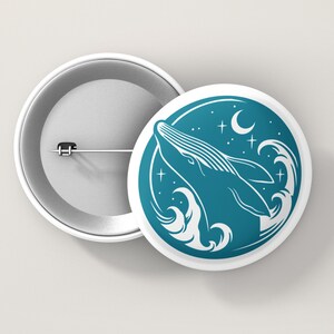 Blue Whale Breaching Sun Moon Ocean Button for Backpacks, Jackets, Hats ...