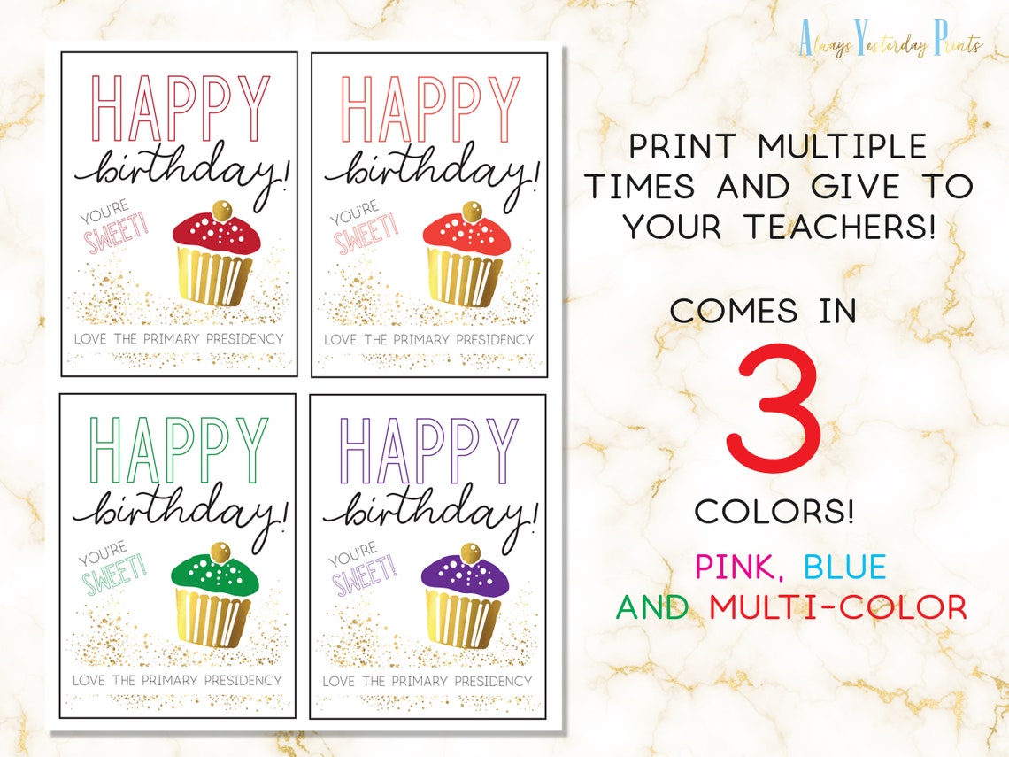 Primary Teacher Cupcake Happy Birthday Printable Tag - Etsy