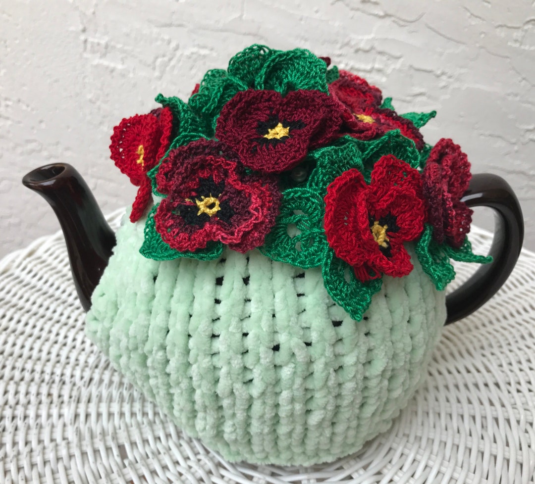 Crochet Tea Cozy Green Tea Cover Red Pansy Tea Cosy Tea Warmer Crochet ...