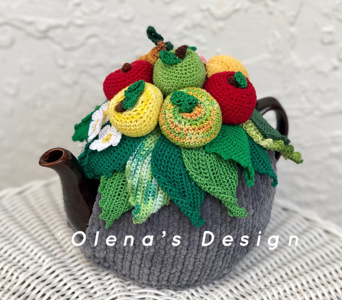 Crochet Tea Cozy Gray Tea Cover Apples Flowers Tea Cosy Tea Warmer ...