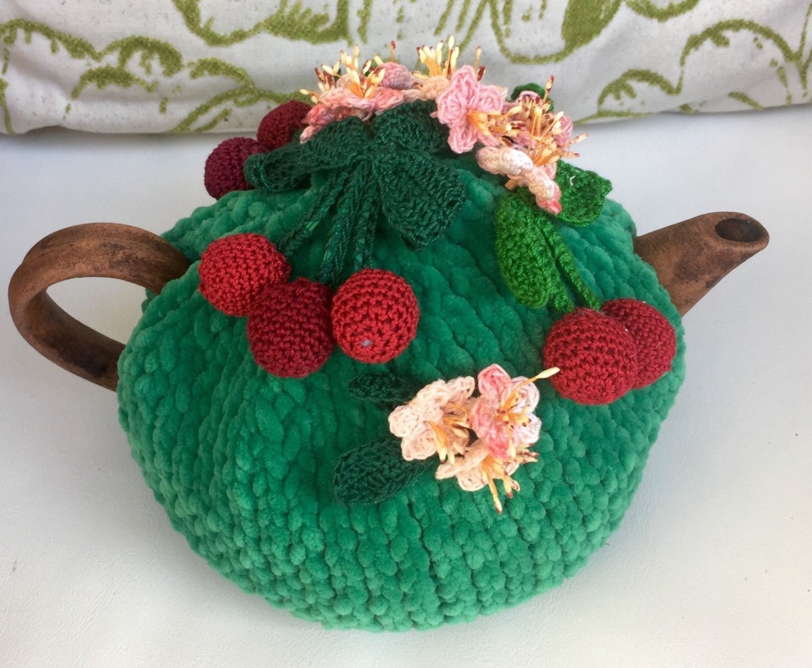 Crochet Tea Cozy Green Tea Cover Cherry Tea Cosy Tea Warmer | Etsy