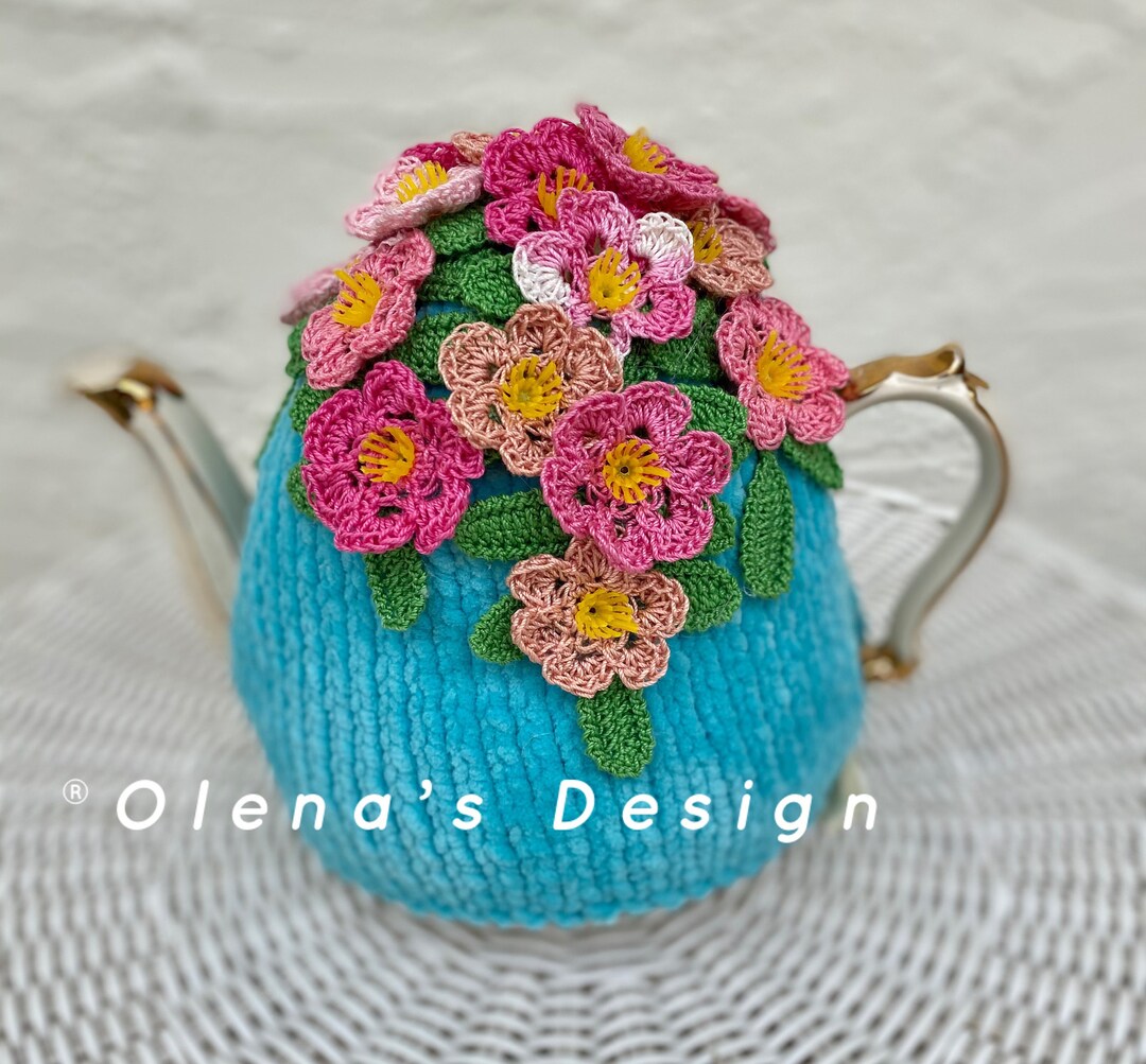 Crochet Tea Cozy Blue Tea Cover Cherry Blossom Tea Cosy Tea Warmer ...