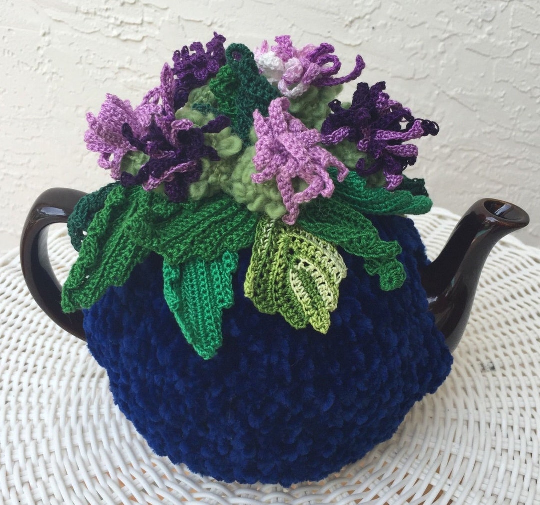 Crochet Tea Cozy Blue Tea Cover Flower Tea Cosy Tea Warmer Purple ...