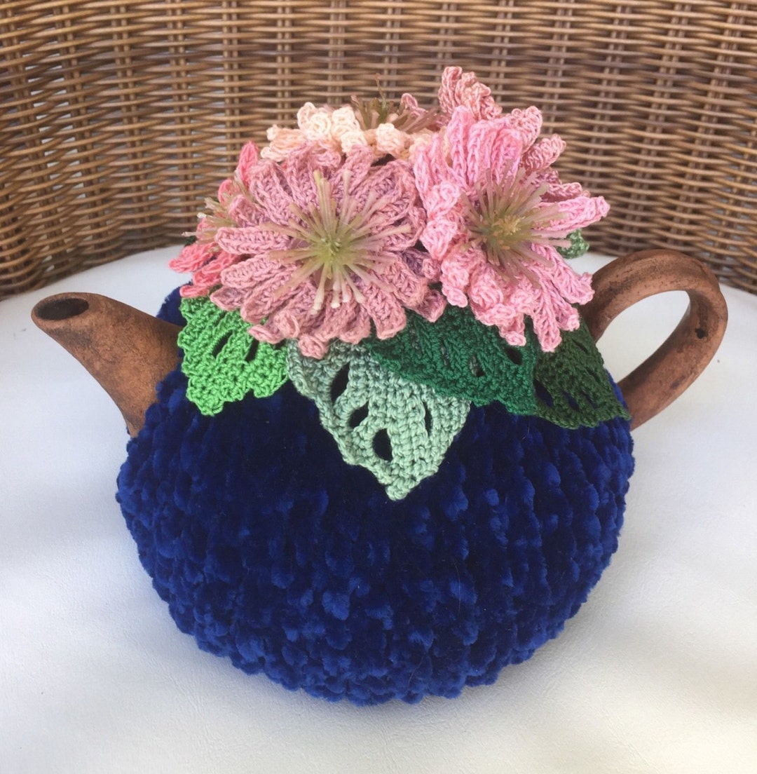 Crochet Tea Cozy Blue Tea Cover Pink Flower Tea Cosy Tea Warmer Crochet ...